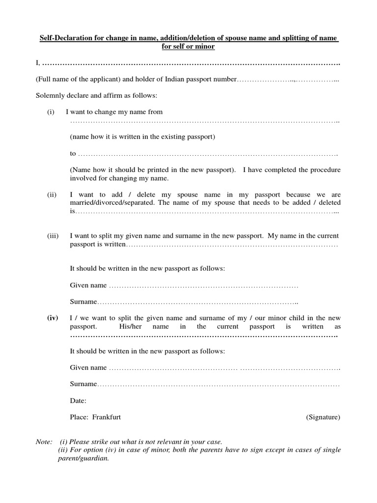 Self Declaration For Name Change, Addition or Deletion of Spouse Name and Splitting of Name ...