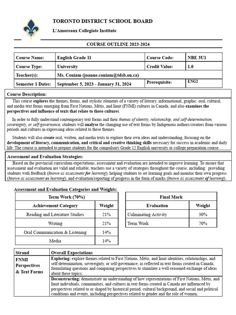 NBE3U Course Outline - Coniam2023-2024) | PDF | Educational Assessment ...