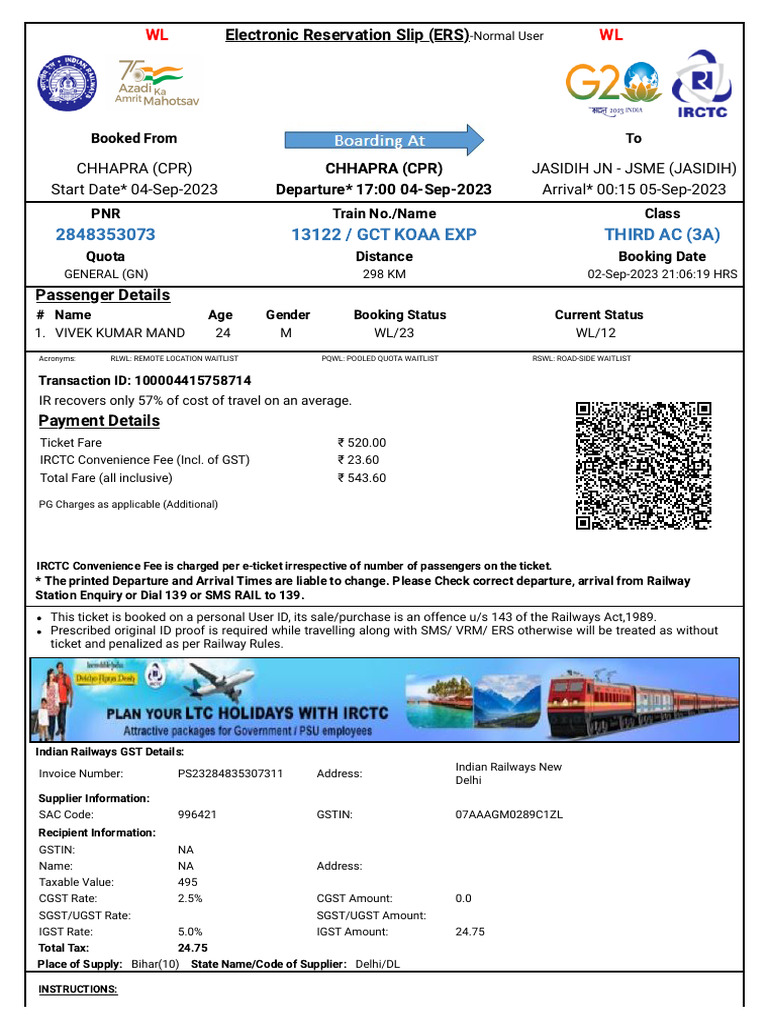 GCT Koaa Exp Third Ac (3A) : WL WL | PDF | Identity Document