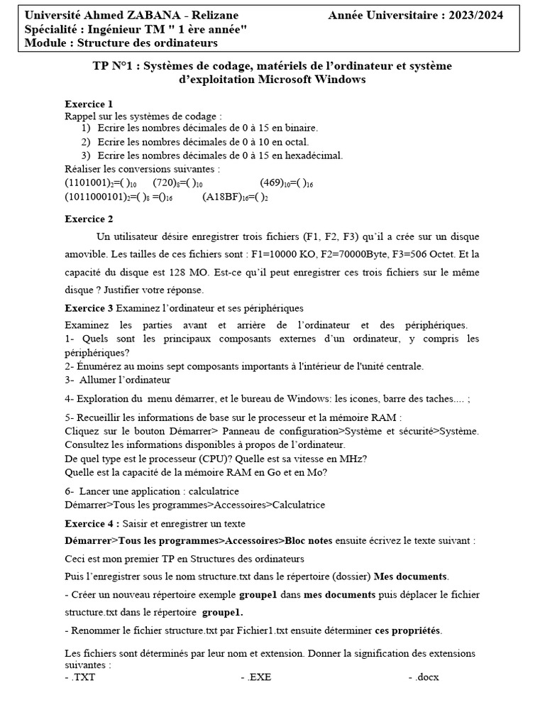TP 1 Ing - 2023 - 2024 1 | PDF | Microsoft Word | Informatique