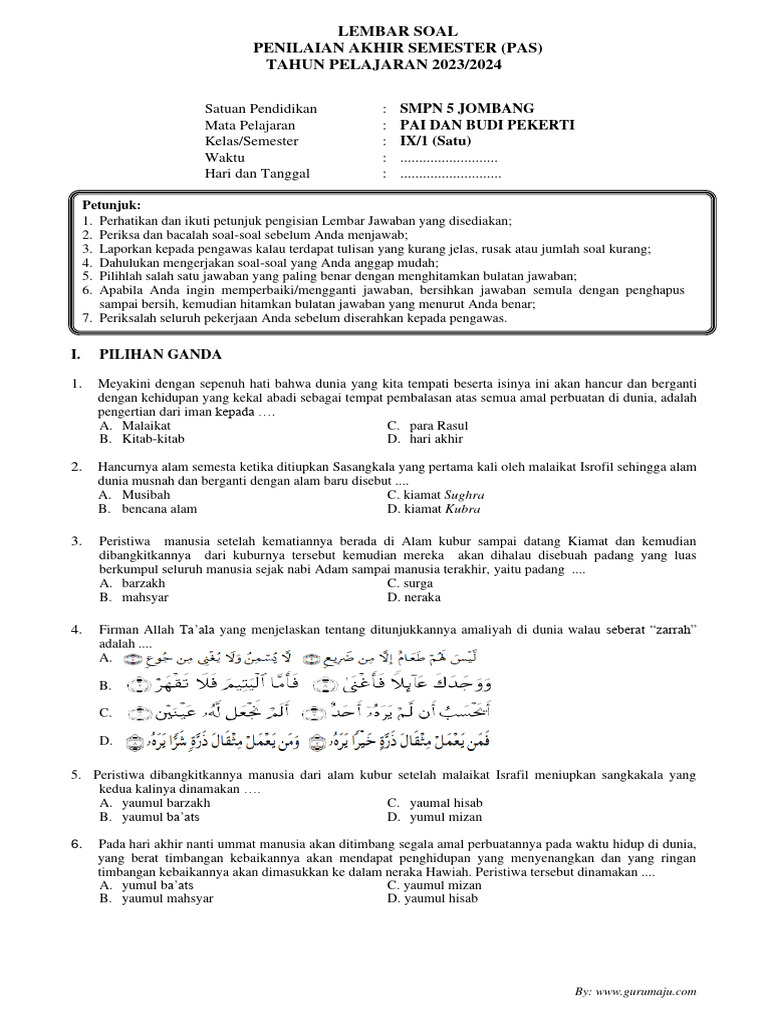 SOAL PAS PAI KLS 9 K13 Ganjil 2022 | PDF