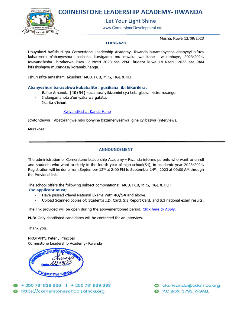 Cornerstone Leadership Academy 2023 Enrollment | PDF