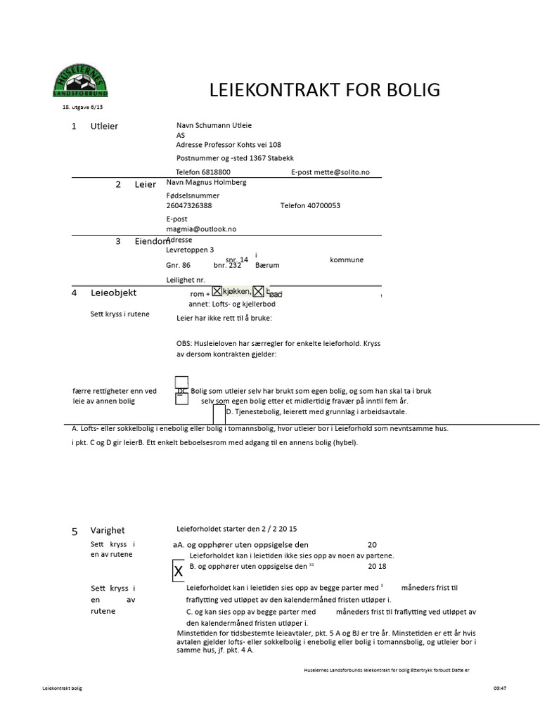 Leiekontrakt For Bolig: 2 Leier | PDF