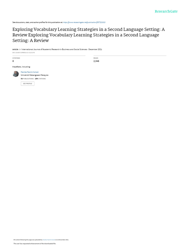 Exploring Vocabulary Learning Strategies in A Second Language Setting A ... Exploring Vocabulary Learning Strategies in A Second Language Setting A ...