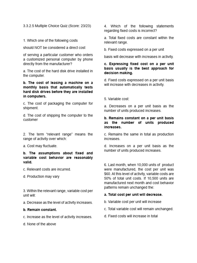 3.3.2.5 Multiple Choice Quiz (Score - 23 - 23) | PDF | Cost | Inventory