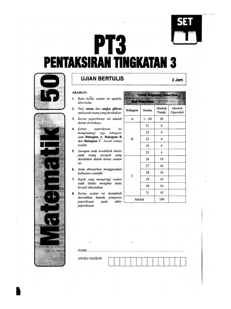 PT3 Mathematics Set 1 | PDF