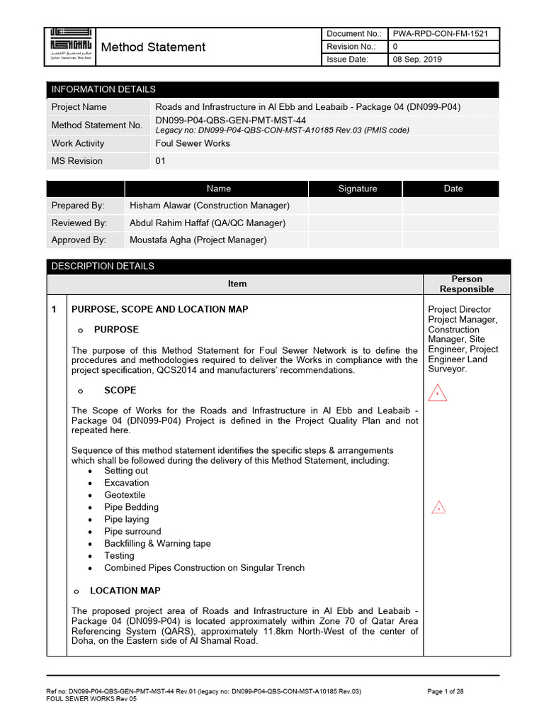 Method Statement For Foul Sewer Network R04 Pdf Pipe Fluid