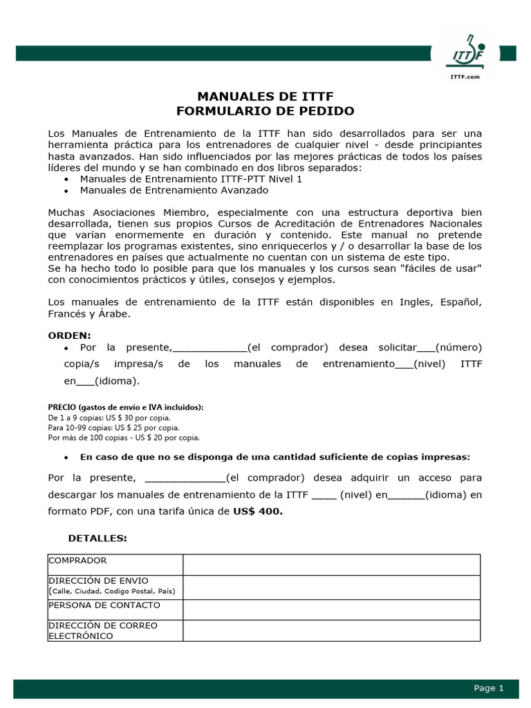ITTF Coaching Manuals Order Form ESP | PDF | Tecnologías de la ...