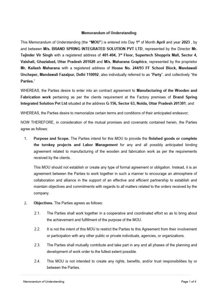 Memorandum of Understanding | PDF | Indemnity | Private Law