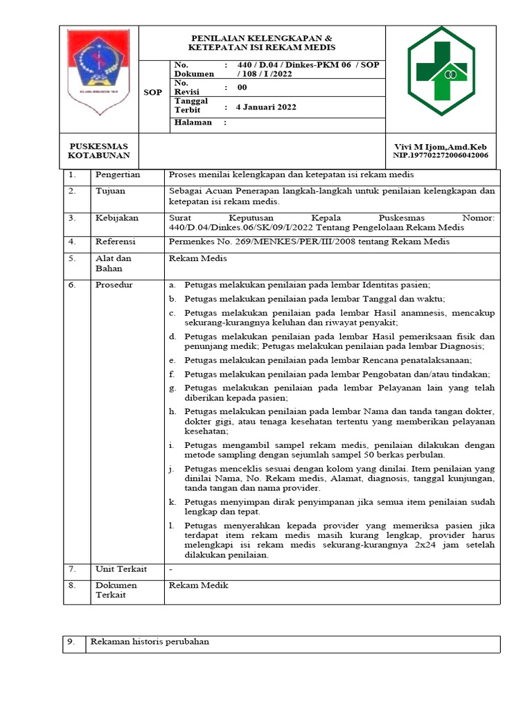 Sop Penilaian Kelengkapan & Ketepatan Isi Rekam Medis | PDF