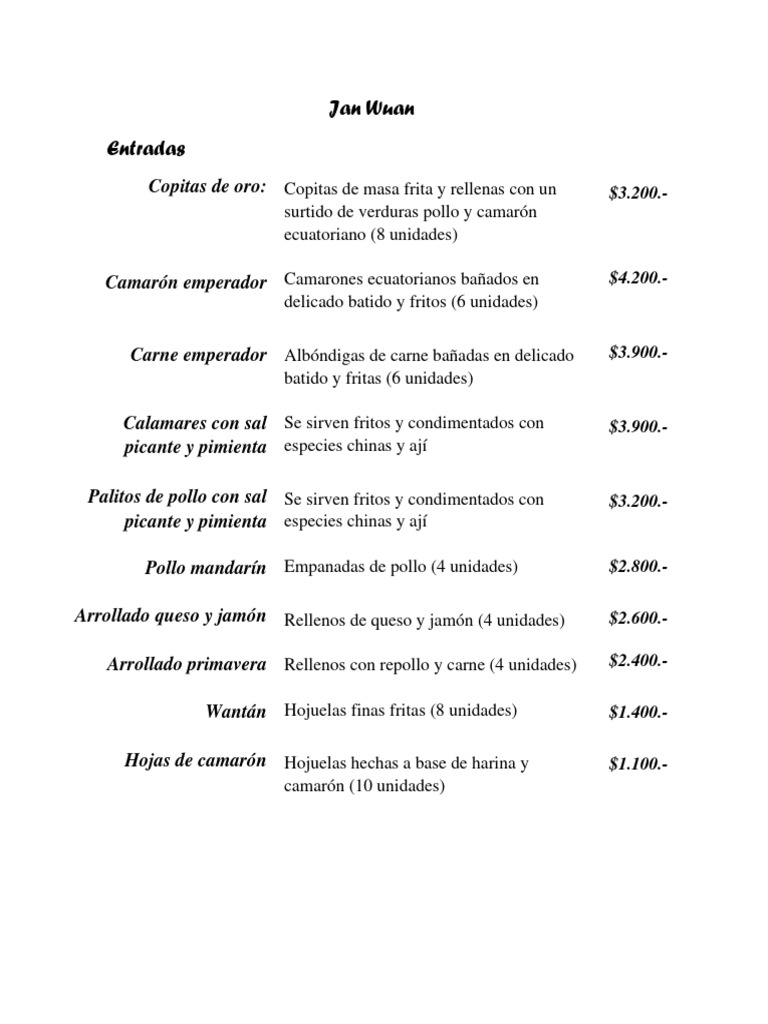 Menú del Restaurante Jan Wuan | PDF | Cocina asiática | Alimentos
