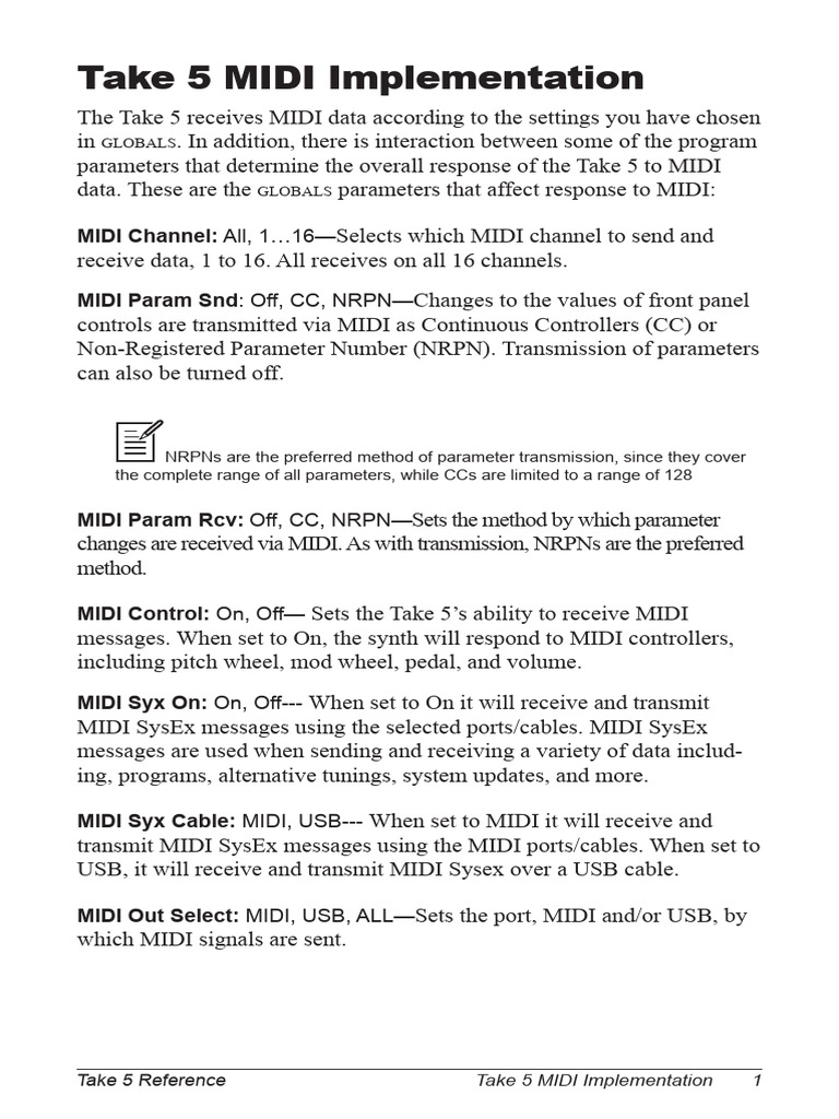 Take 5 MIDI Implementation 1.2 | PDF | Music Technology
