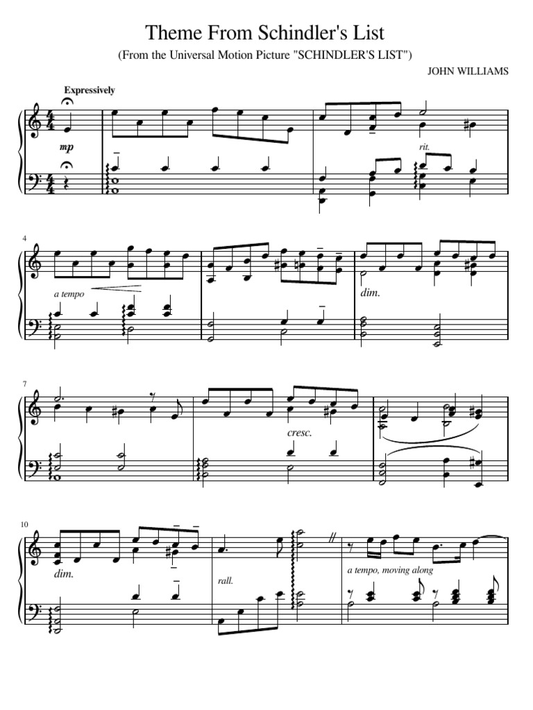 Theme From Schindlers List Piano Solo Pdf Musical Forms Musical