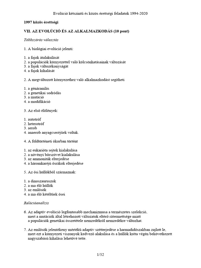 Evolucio Ketszintu Es Kozos Erettsegi Feladatok 1994 2020 | PDF