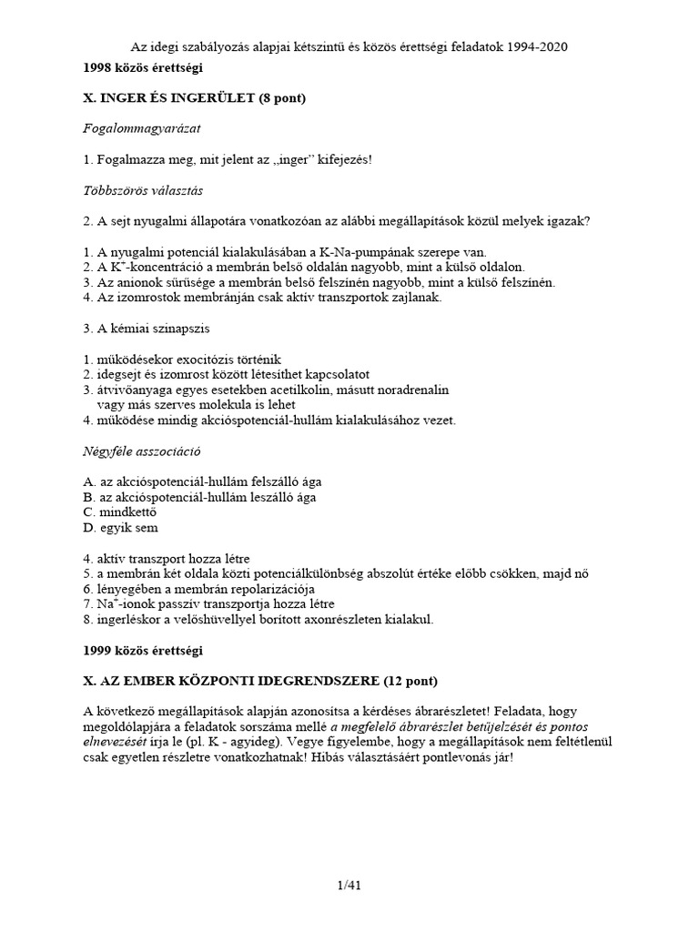 Idegi Szabalyozas Alapjai Ketszintu Es Kozos Erettsegi Feladatok 1994 ...