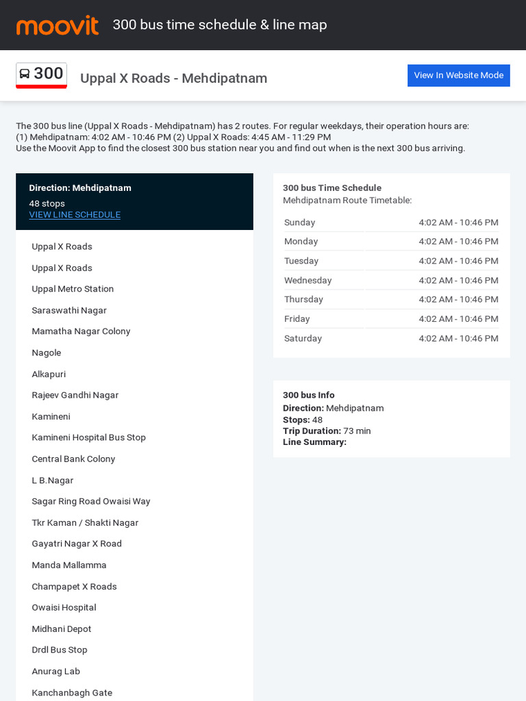 Uppal X Roads - Mehdipatnam: 300 Bus Time Schedule & Line Map | PDF ...