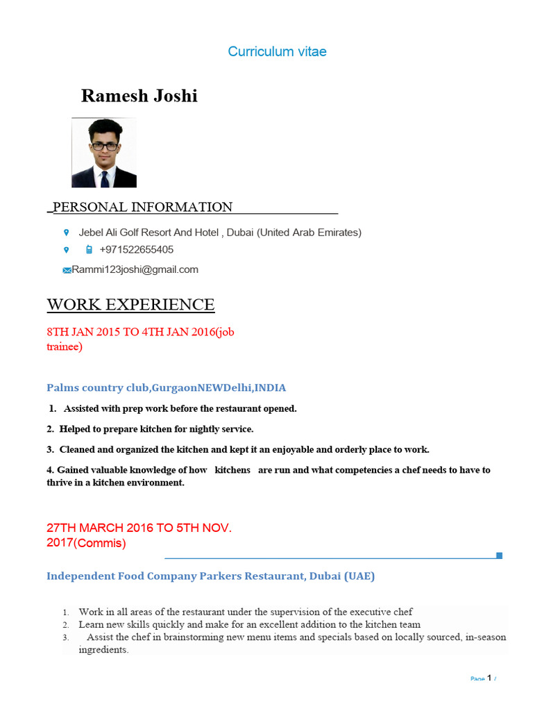 Ramesh Joshi: Work Experience | PDF | Chef | Pasta