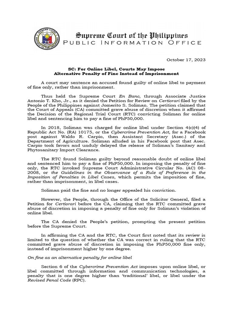 PR Penalty For Online Libel FINAL | PDF | Defamation | Fine (Penalty)