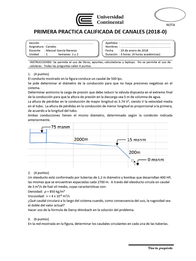 Primera Práctica Calificada de Canales 2018-0 | PDF | Física Aplicada e Interdisciplinaria ...