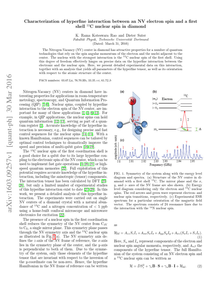 Characterization of Hyperfine Interaction Between An NV Electron Spin and A First Shell C ...