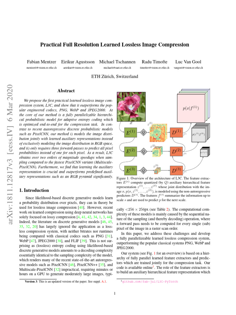 Practical Full Resolution Learned Lossless Image Compression | PDF | Data Compression | Applied ...