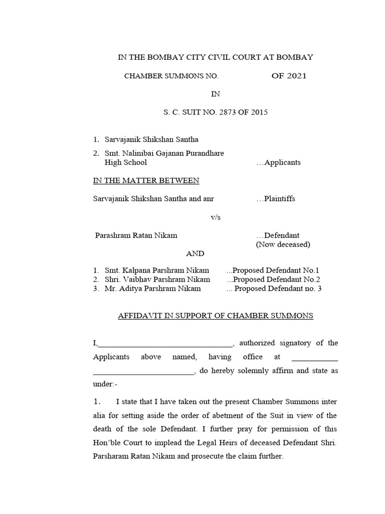 Chamber Summons - Affidavit | PDF | Lawsuit | Affidavit