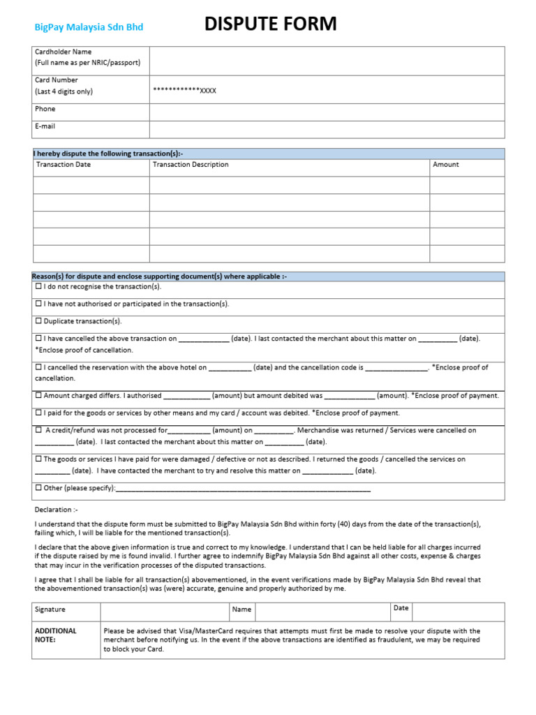 Dispute Form Bigpay BPMY | PDF | Debit Card | Business