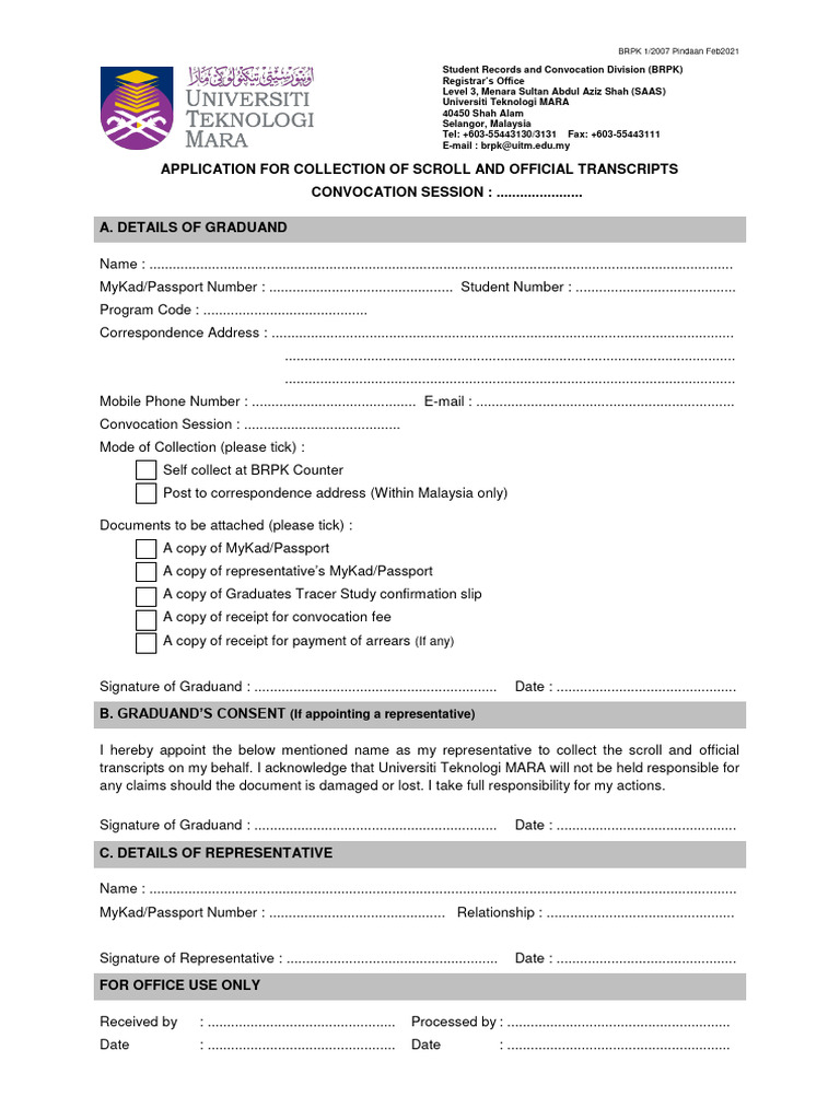 Application For Collection of Scroll and Official Transcripts CONVOCATION SESSION ...