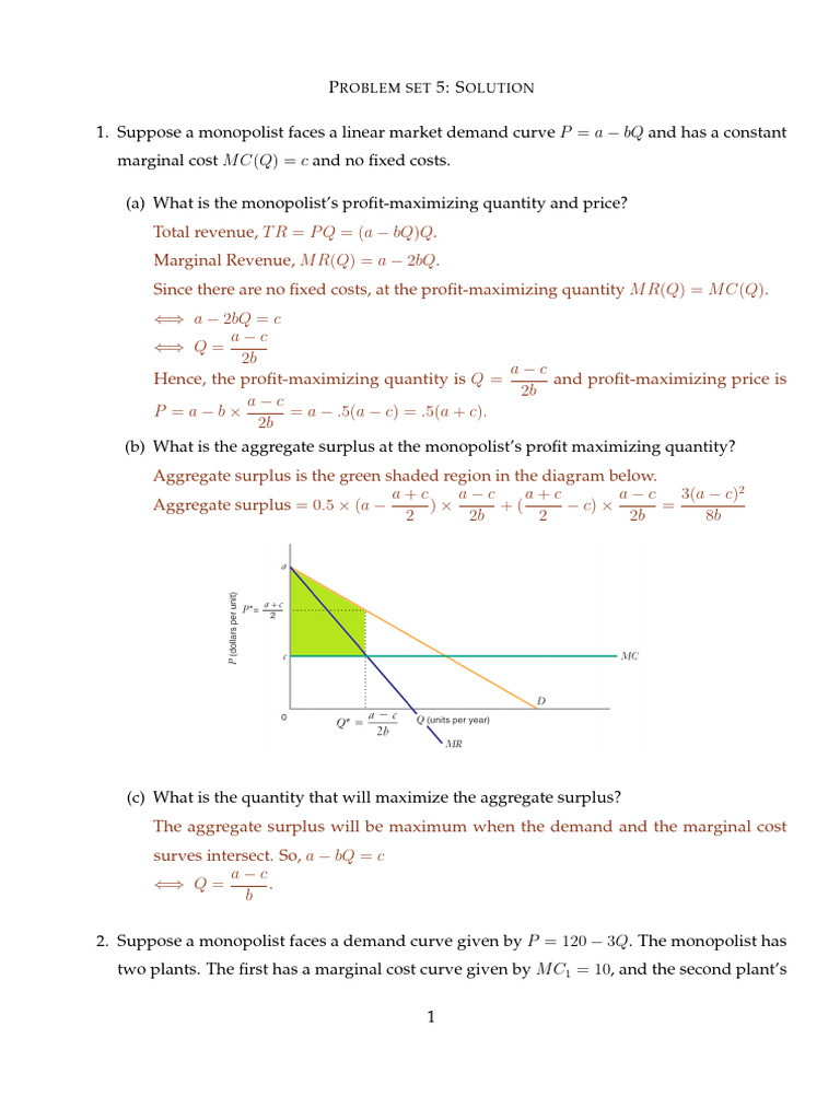 Problem Set 5 (Solution) | PDF | Economic Surplus | Monopoly