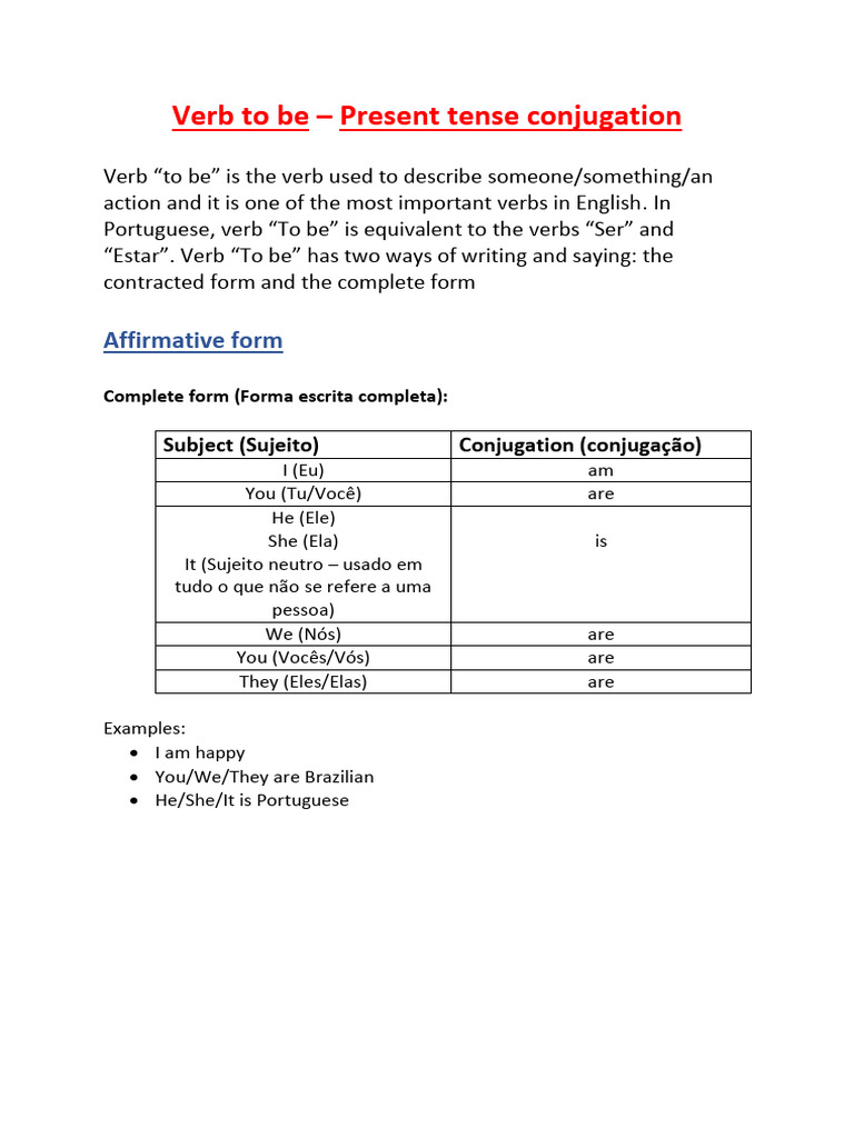 Verb To Be Informative Sheet | PDF | Assunto (gramática)