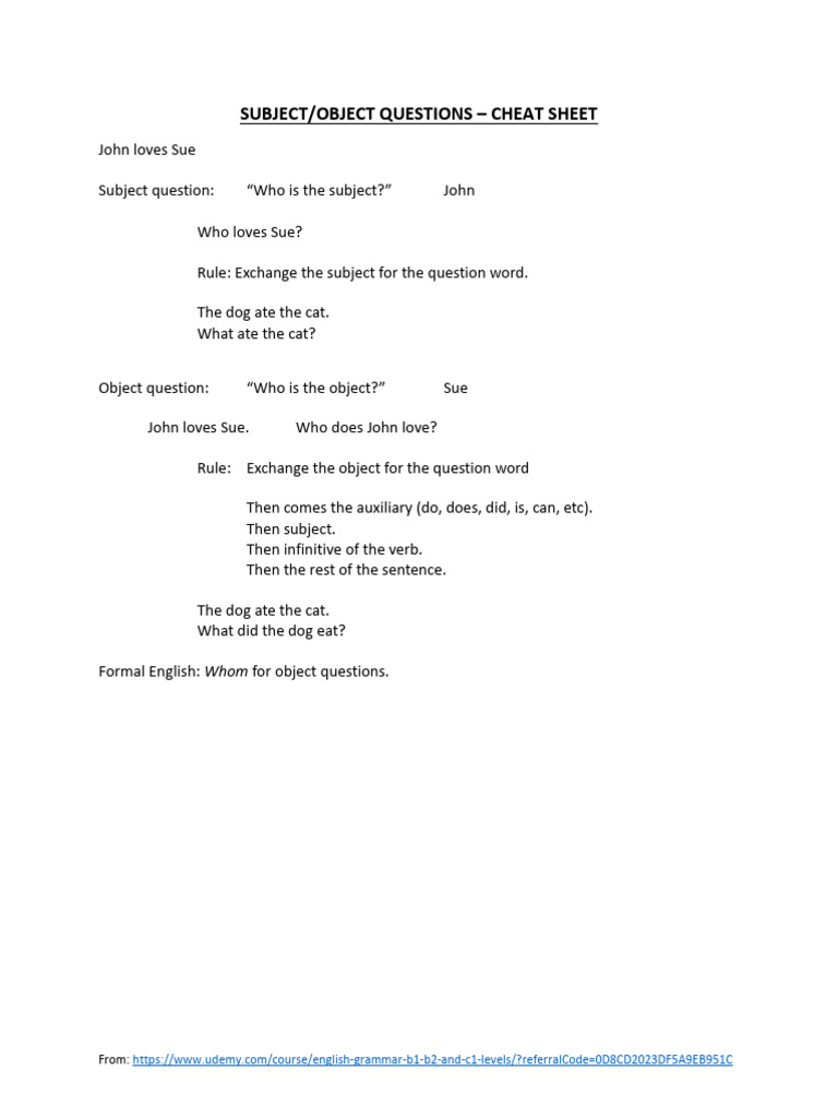 Subject Object Questions Cheat Sheet | PDF