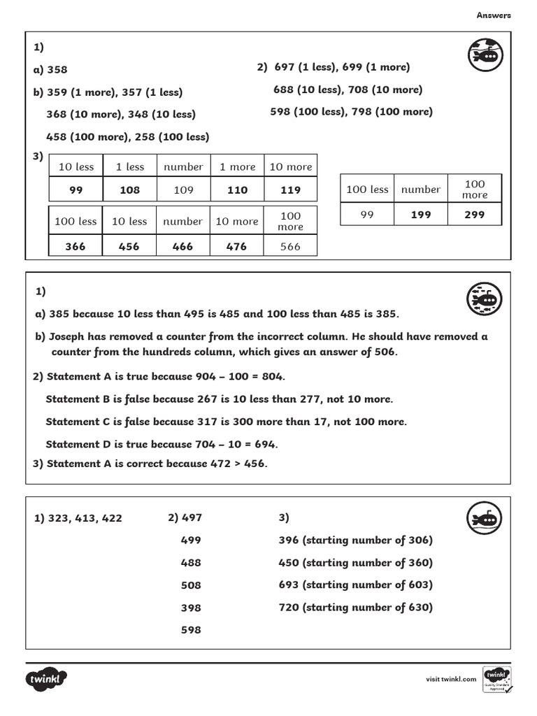 Answers - Find 1, 10 or 100 More or Less | PDF