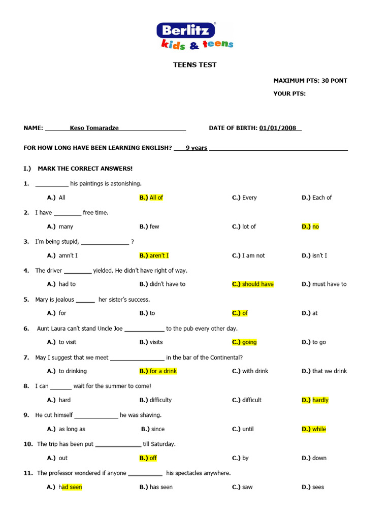 English Teens Test 1 | PDF