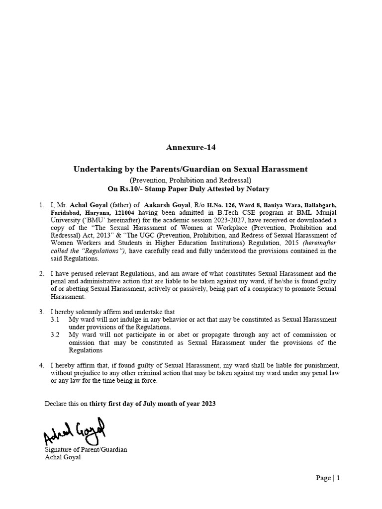 Annexure-14 (Undertaking by The Parents or Guardian On Sexual ...