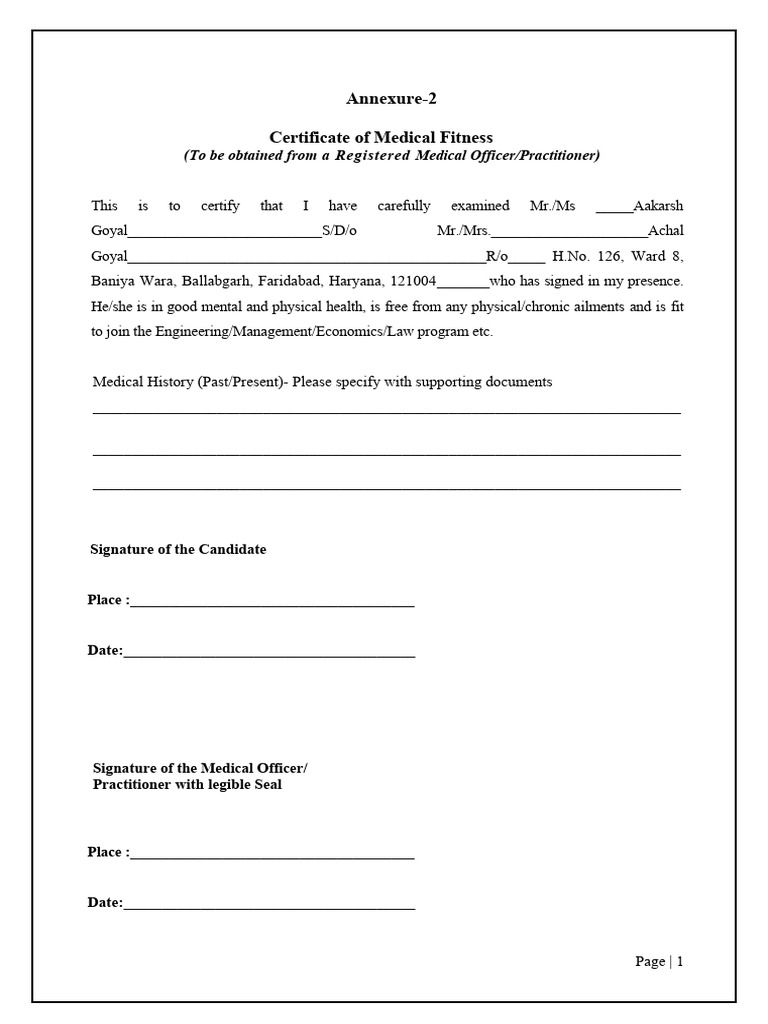 Annexure-2 (Certificate of Medical Fitness) | PDF