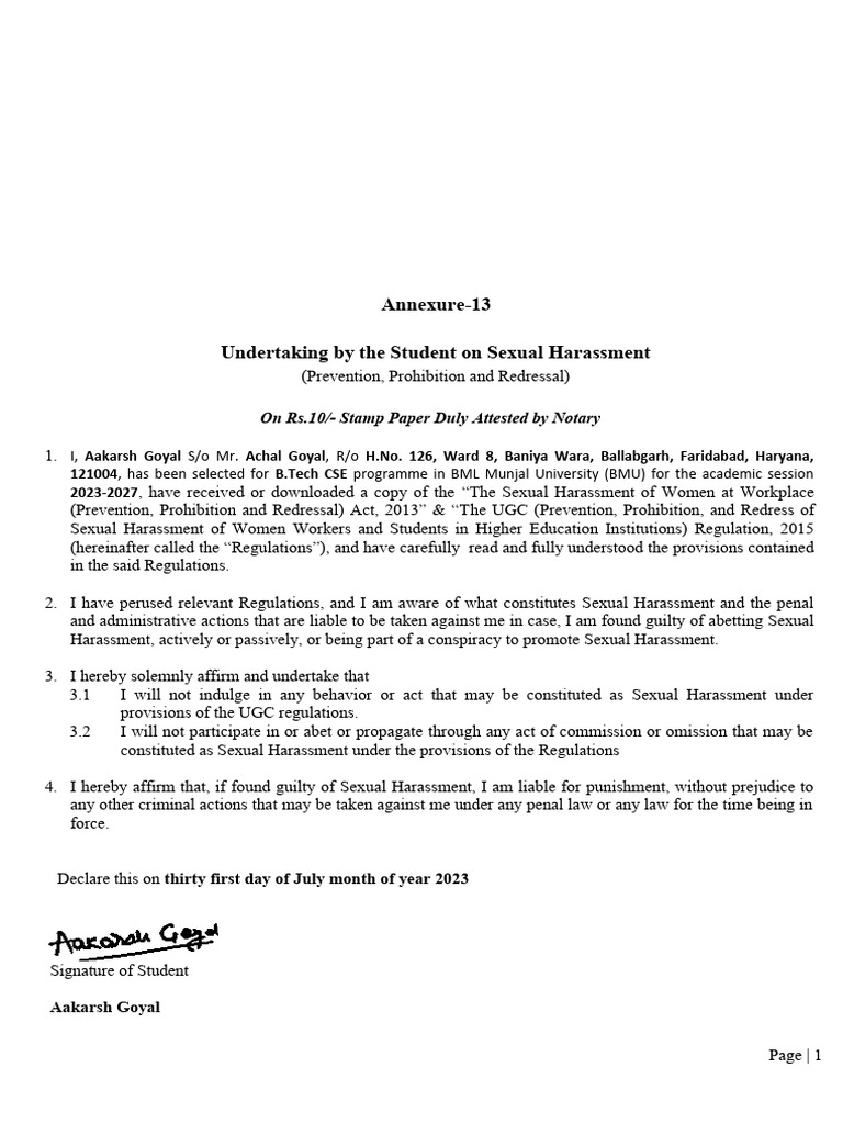 Annexure-13 (Undertaking by The Student On Sexual Harassment) | PDF | Wellness