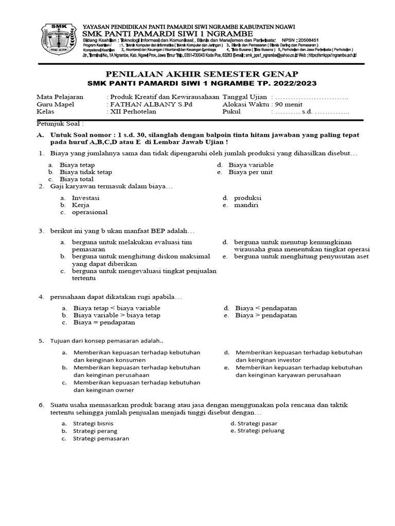 Pas PKK SMT Genap SMK PPS 1 NGB Tp. 2022-2023 | PDF