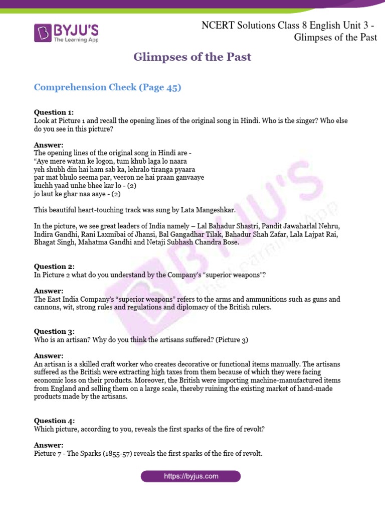NCERT Solutions Class 8 English Unit 3 Glimpses of The Past | PDF | British Raj | Indian ...