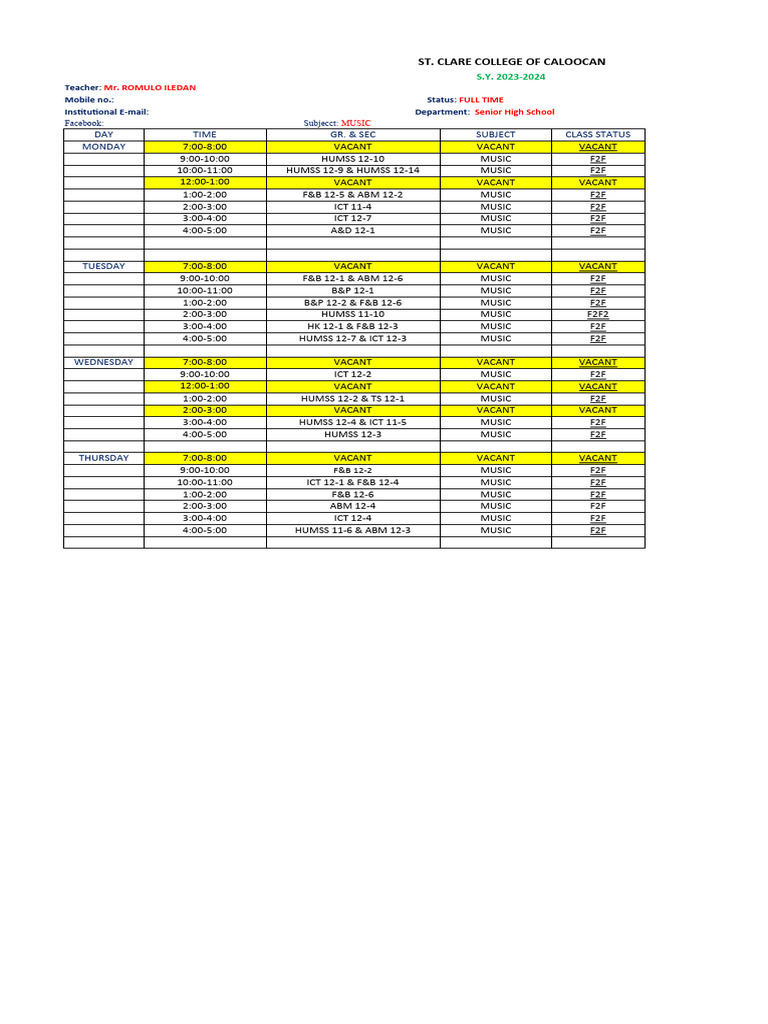 Schedule of Music | PDF