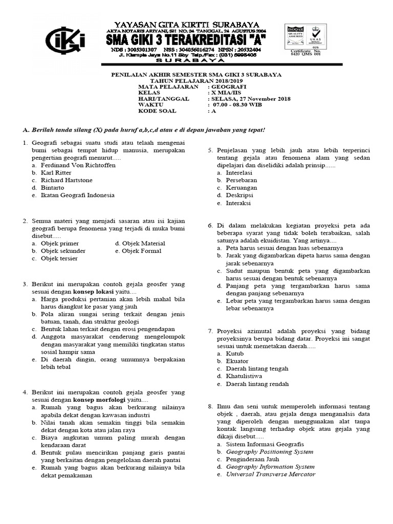 Pas Geo X GNJ 2018-2019 A | PDF | Sains & Matematika