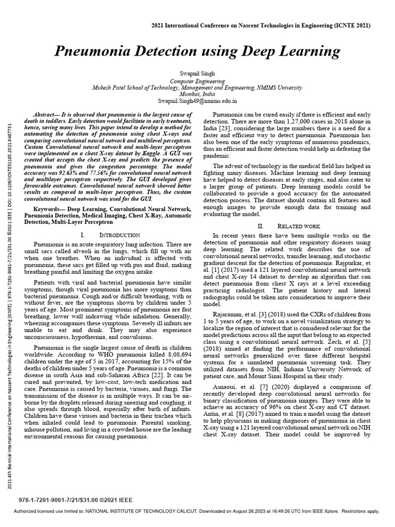 Pneumonia Detection Using Deep Learning Pdf Artificial Neural Network Deep Learning