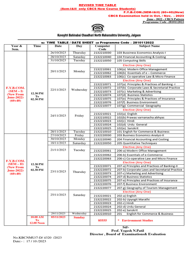 Revised Time Table Of Fy Sy Tybcom Sem I To Vi New Old Cbcs Cgpa Exam To Be Held In Oct Nov 