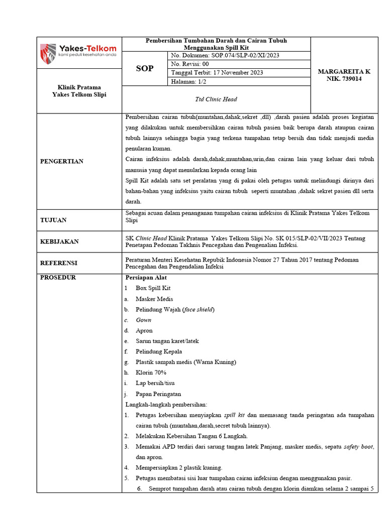 Sop Pembersihan Tumpahan Darah Dan Cairan Tubuh Menggunakan Spill Kit | PDF | Pengembangan Diri ...