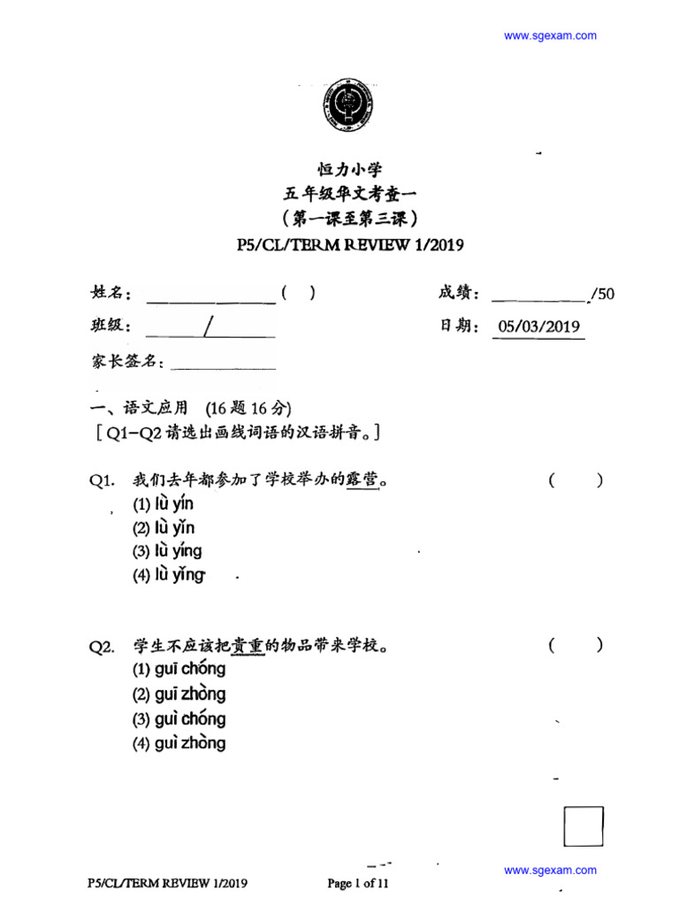 P5 Chinese Class Review 2019 | PDF | Science & Mathematics
