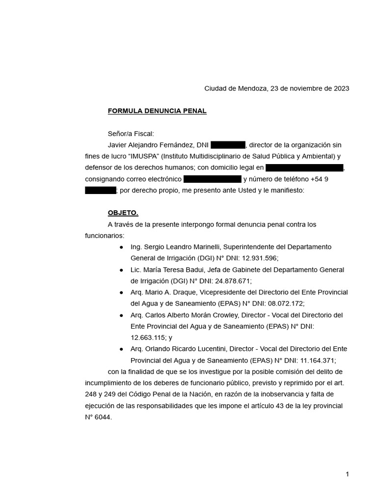 Denuncia Penal Contra Funcionarios Del DGI y EPAS - Av. Delito de Incumplimiento de Los Deberes ...