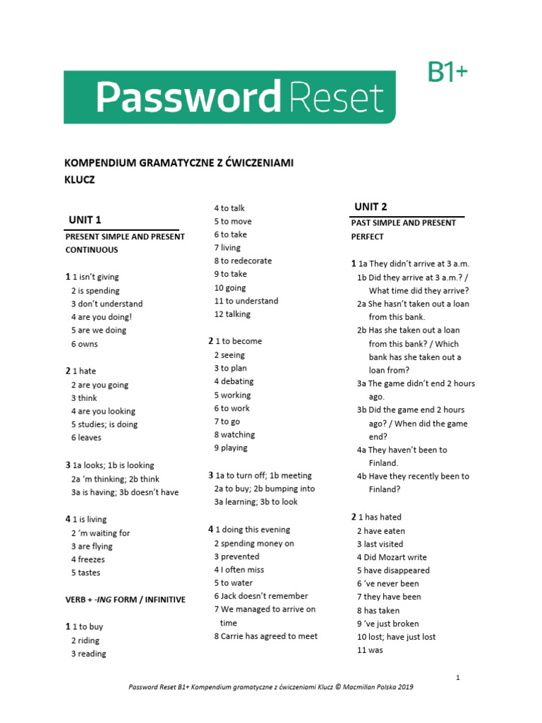 Password Reset B1 Kompendium Gramatyczne Z Cwiczeniami Klucz | PDF