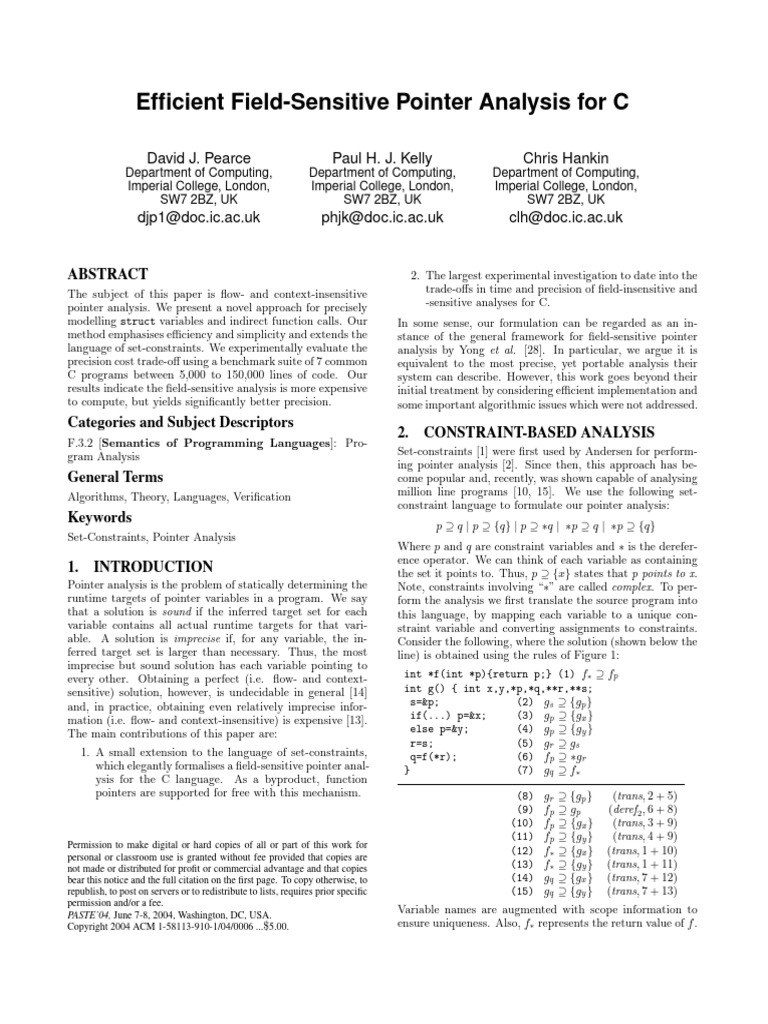 Efficient Field-Sensitive Pointer Analysis of C | PDF | Pointer (Computer Programming ...