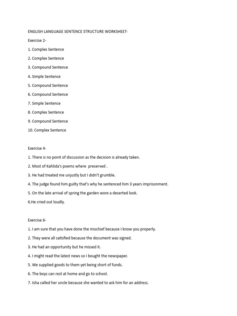 Sentence Structure Exercises Worksheet | PDF