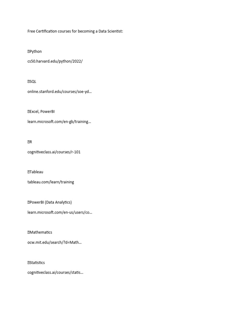 Free Certification Courses For Becoming A Data Scientist | PDF