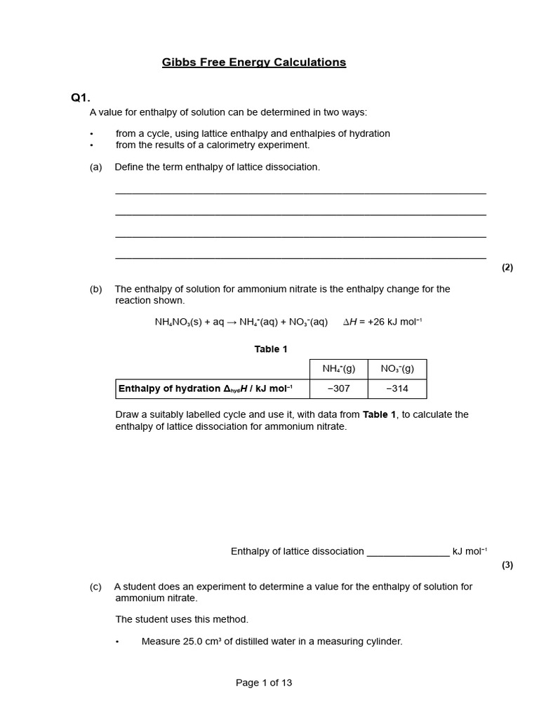 Gibbs Free Energy Calculations | PDF | Gibbs Free Energy | Enthalpy